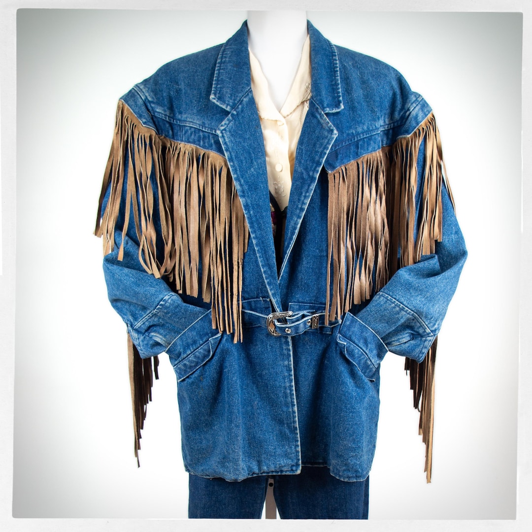 Retro 80s Jean Jacket, 80s Fringe Denim Jacket, 90s Western Fringe Coat ...