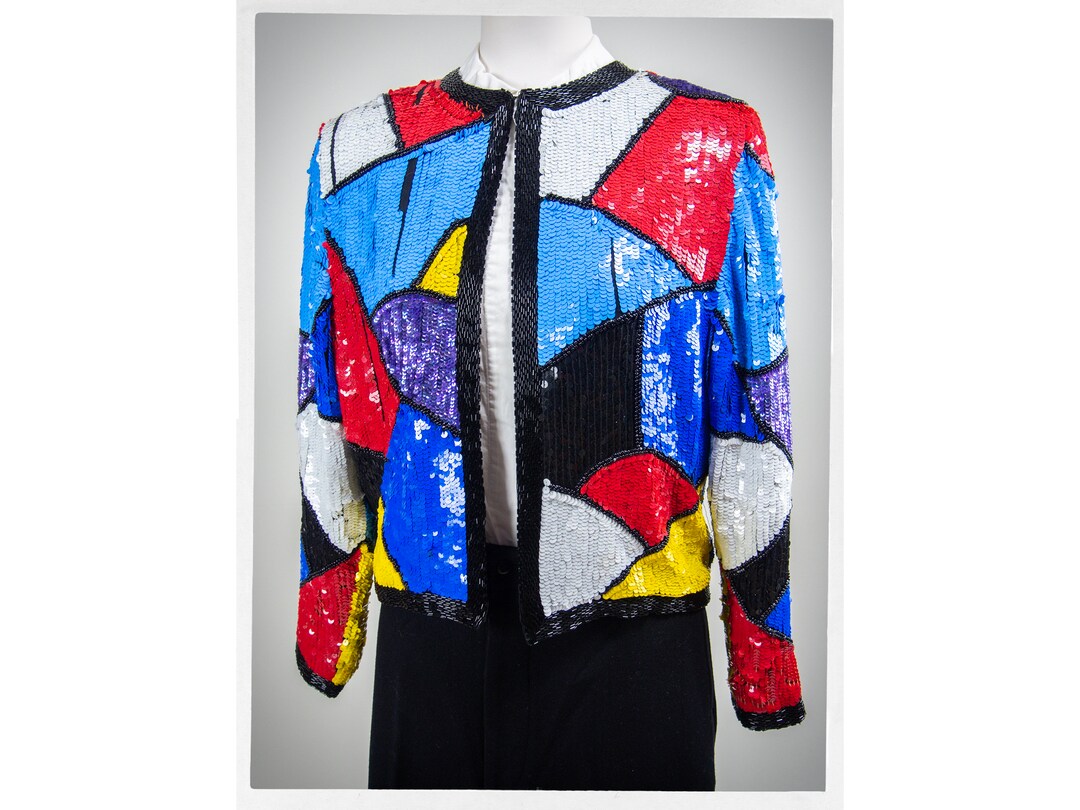 Retro 80s Sequin Jacket, Abstract Jacket, Sequin Silk Top, New Wave ...