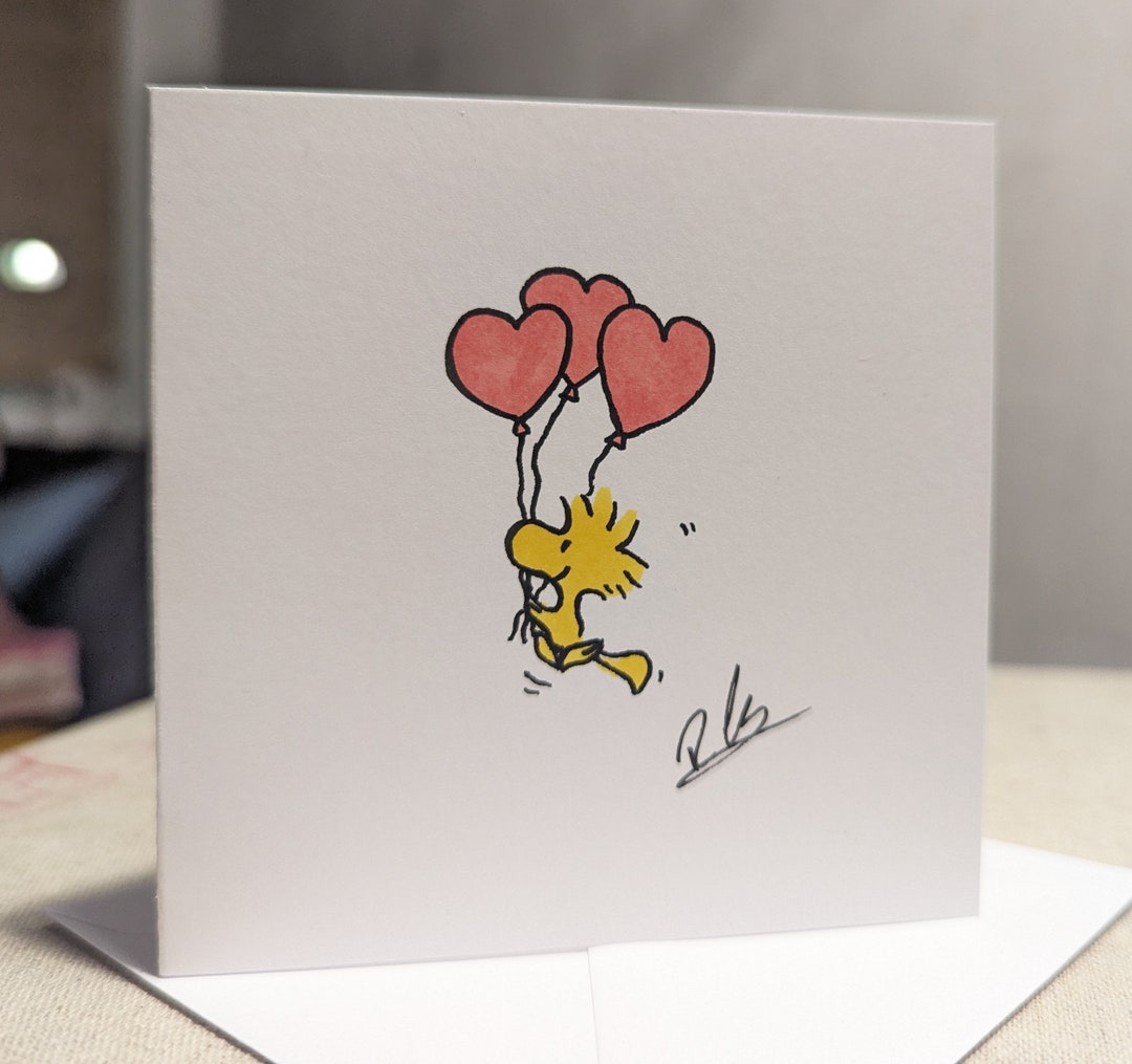 Hand Drawn Woodstock Heart Balloons Card Birthday Handmade Snoopy ...