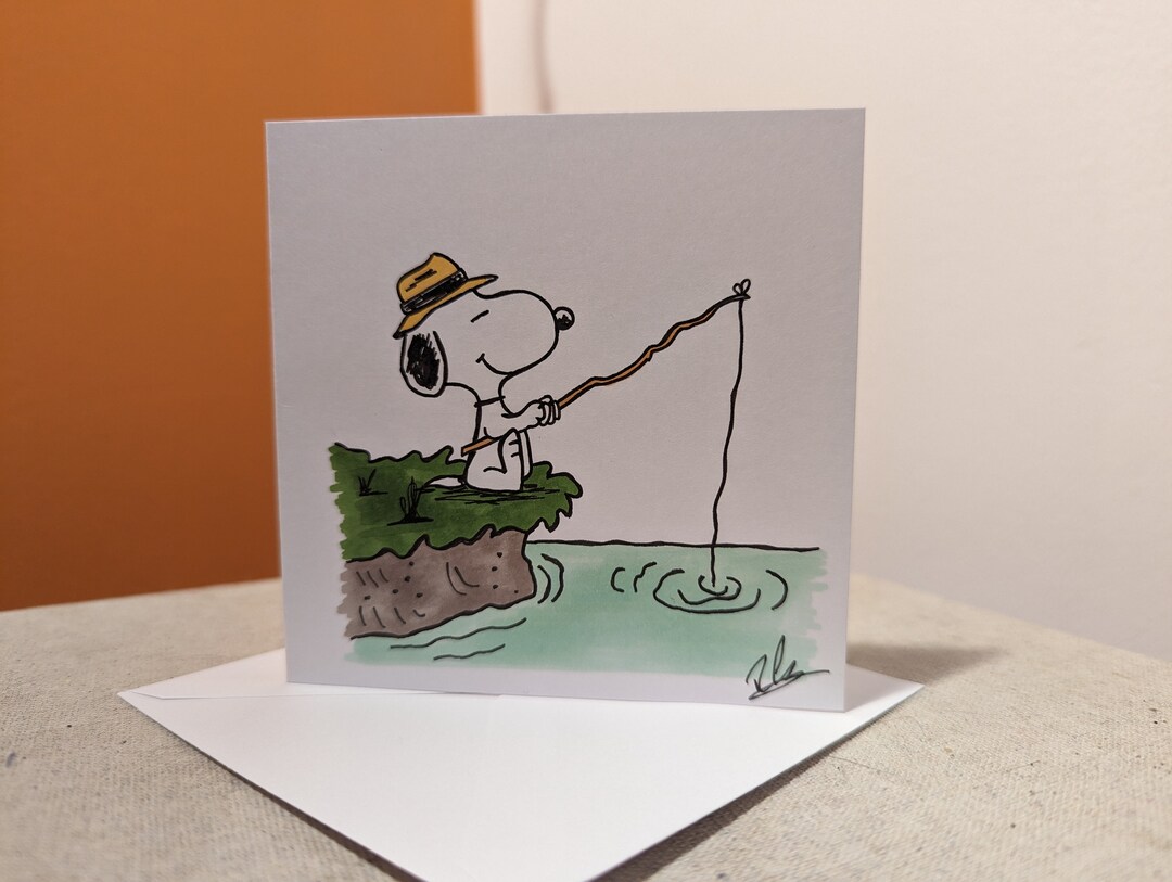 Hand Drawn Snoopy Fishing Card Birthday Father's Day Thank You - Etsy