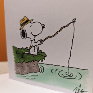 Hand Drawn Snoopy Fishing Card Birthday Father's Day Thank You - Etsy
