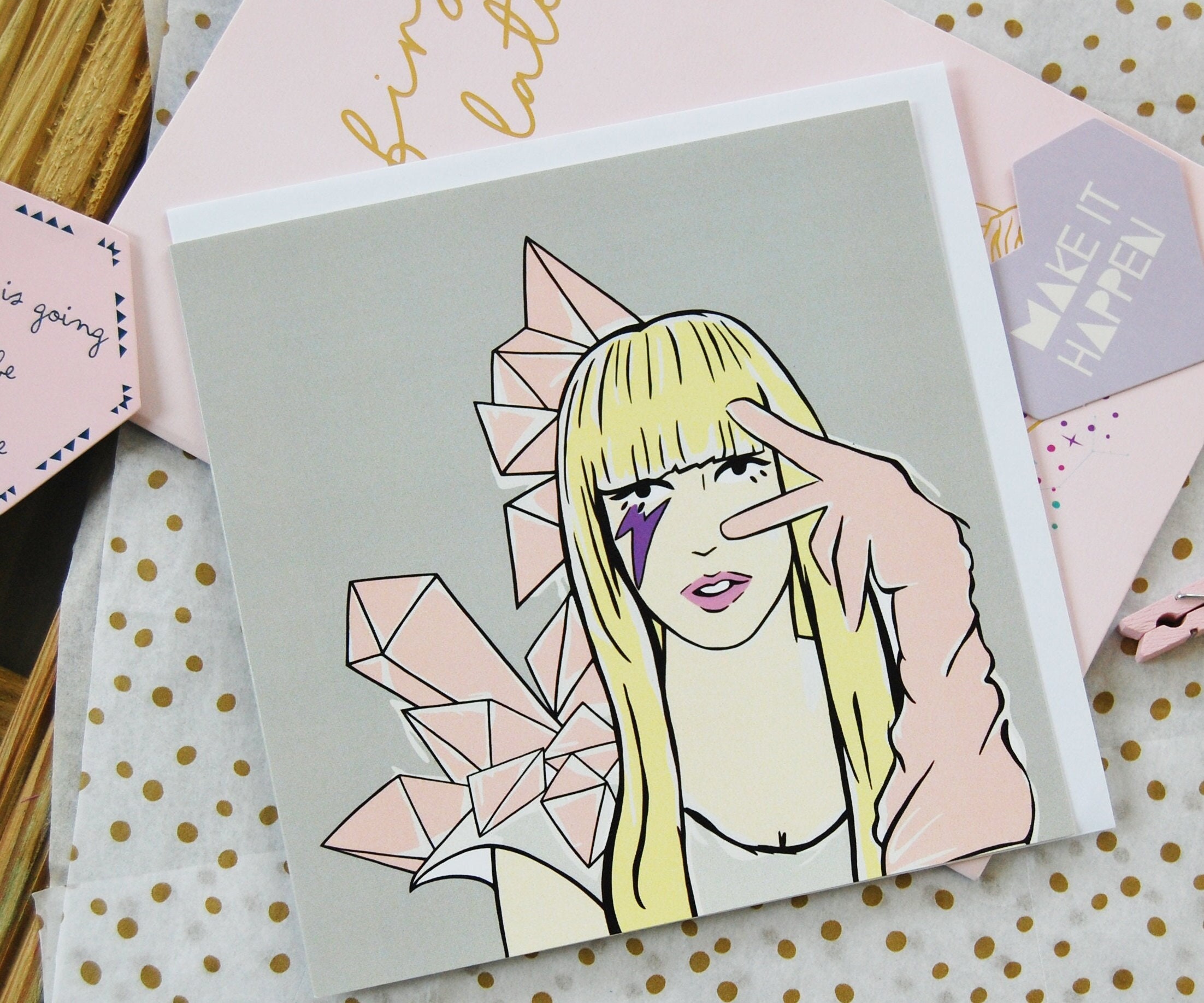 Lady Gaga Card, Lady Gaga Greetings Card With Lightening Bolt Pink Lips ...