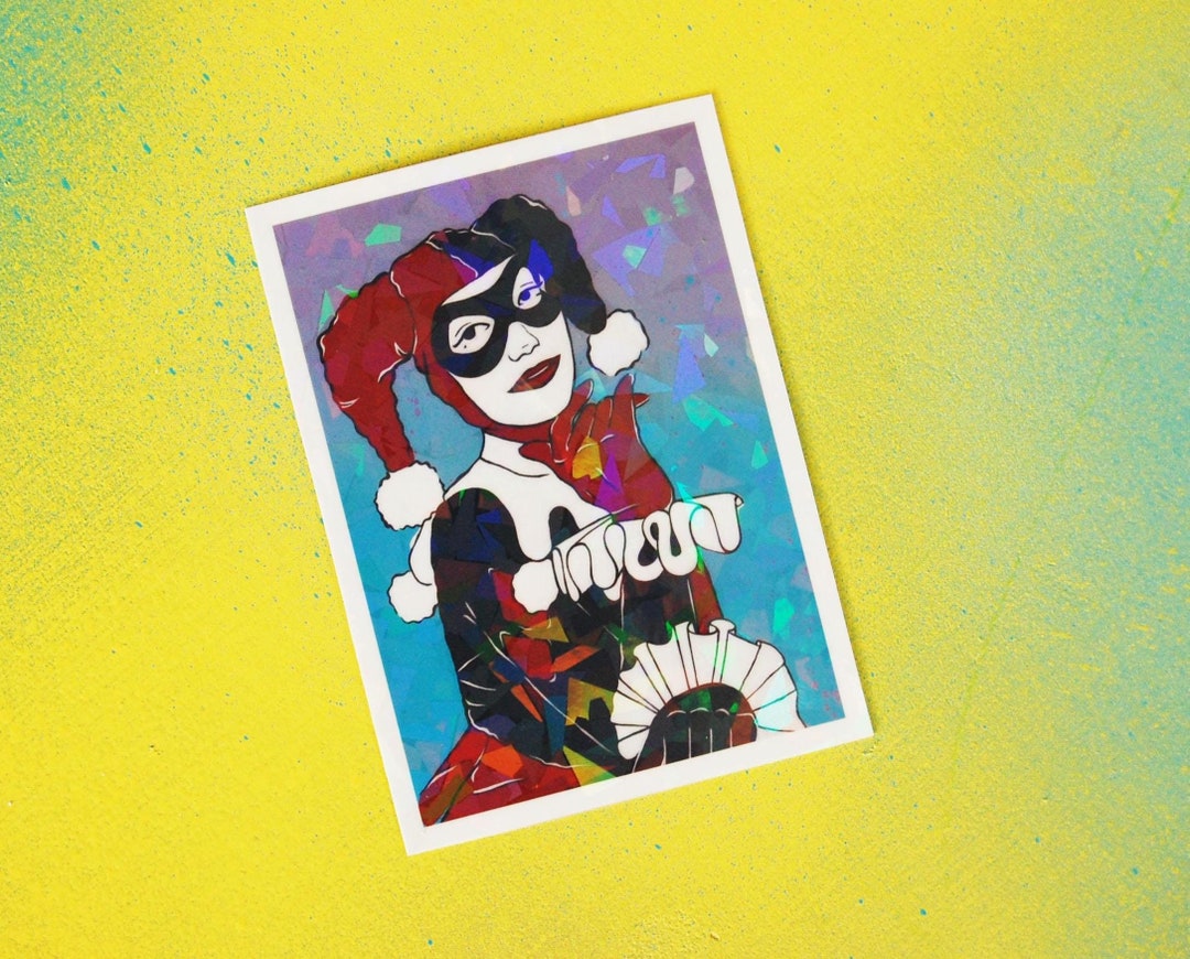 Harley Quinn Sticker, Pretty Lady Red Black Jester Costume, Holographic ...