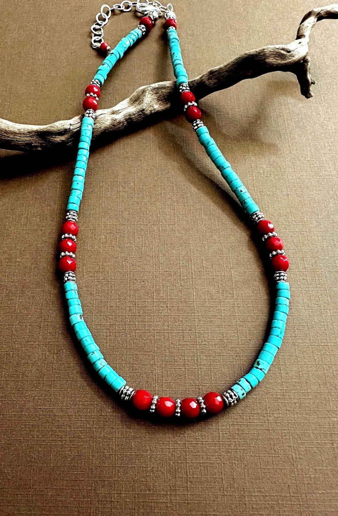 Genuine Turquoise & Coral Necklace, Southwestern Heishi Bead Necklace ...