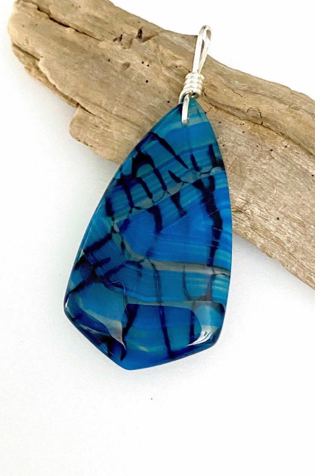 Blue Black Stone Pendant, Large Blue Stone Pendant on Cord, Blue Dragon ...