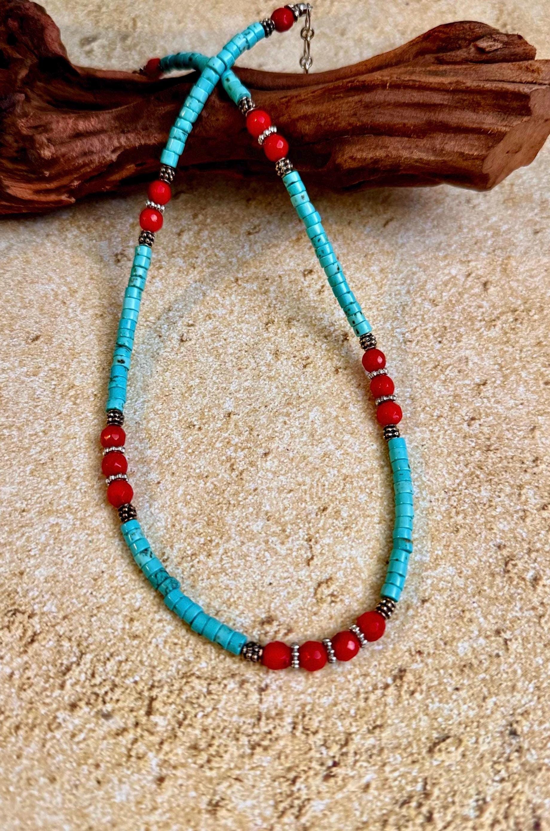 Genuine Turquoise & Coral Necklace, Southwestern Heishi Bead Necklace ...
