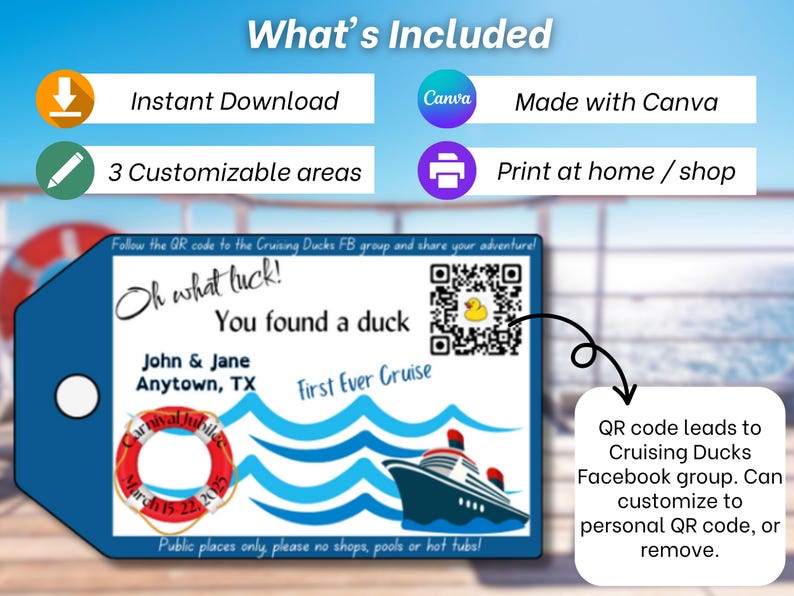 Personalized Cruise Duck Tags: Printable QR Code Gift Tags (digital ...