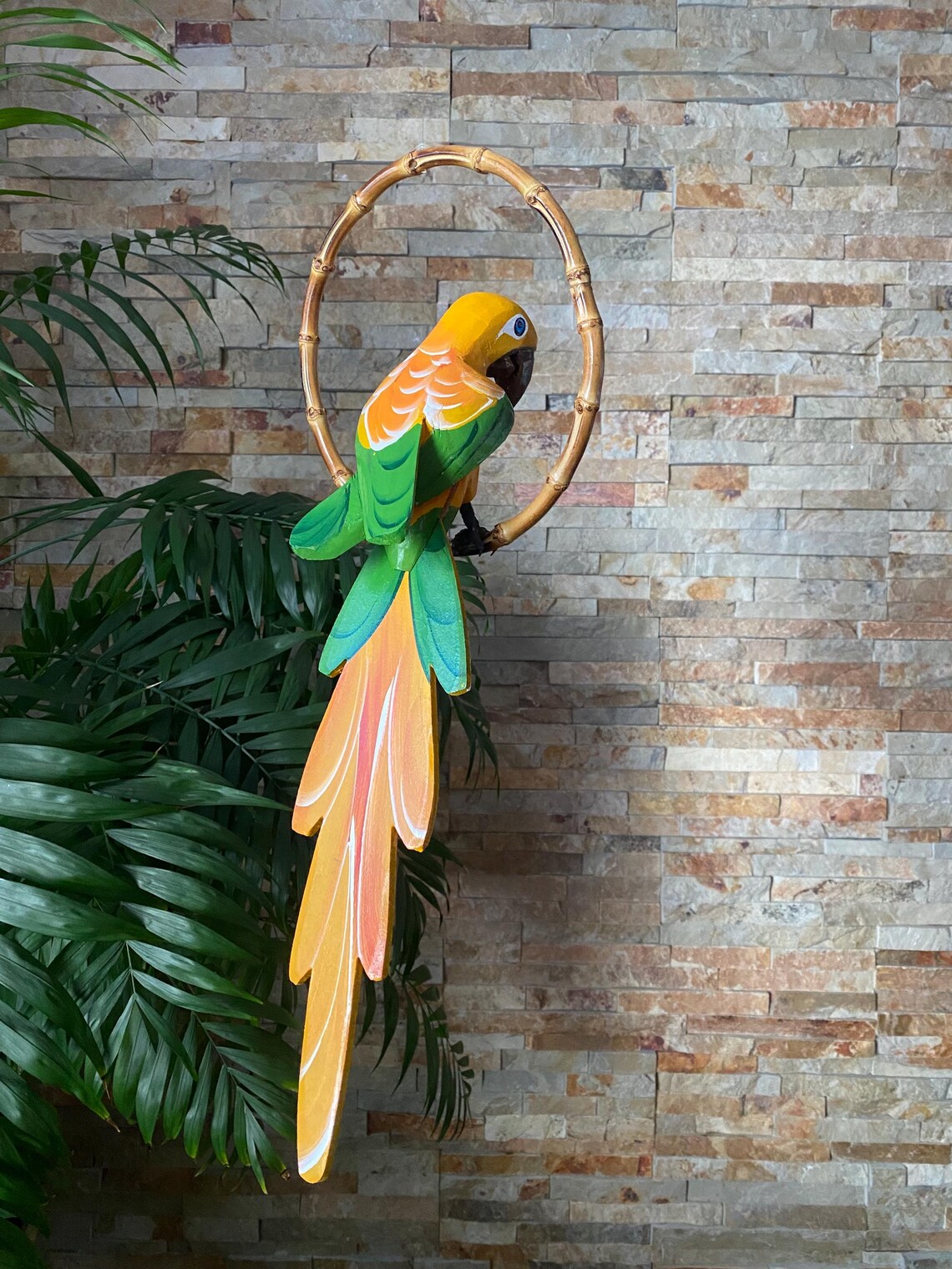 Yellow Macaw Parrot, Hand Carved, Hanging , Tiki Bar, Tropical Decor ...