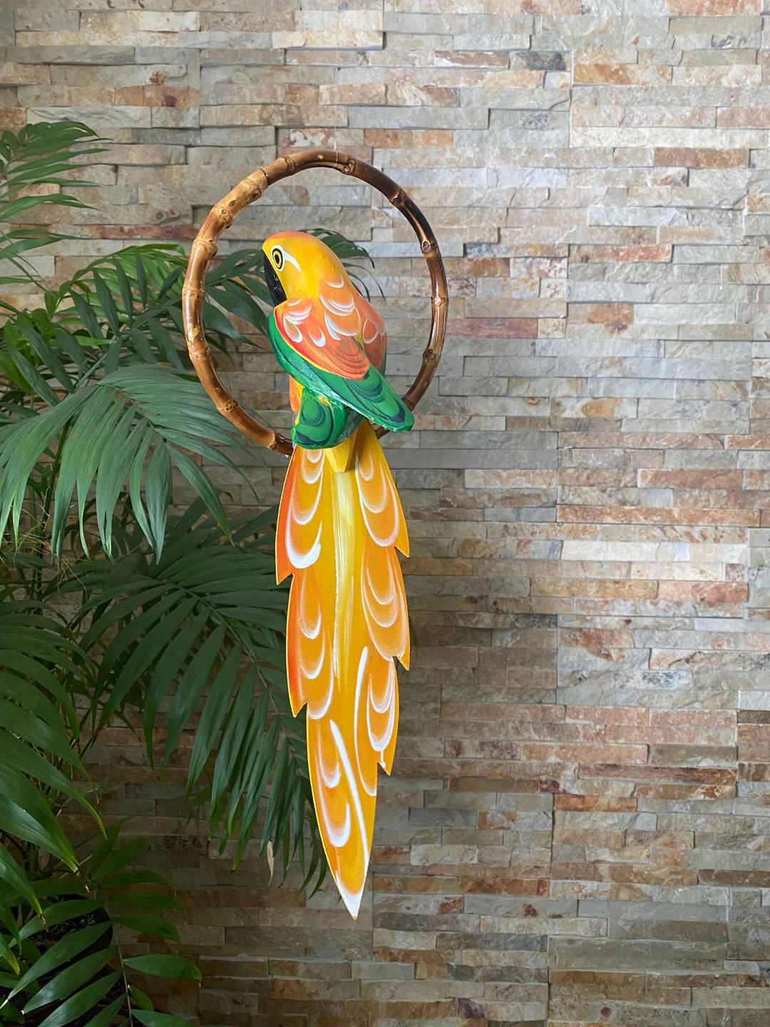 Yellow and Green Macaw Parrot, Wooden Parrot, Hanging Bird, Tiki Bar ...