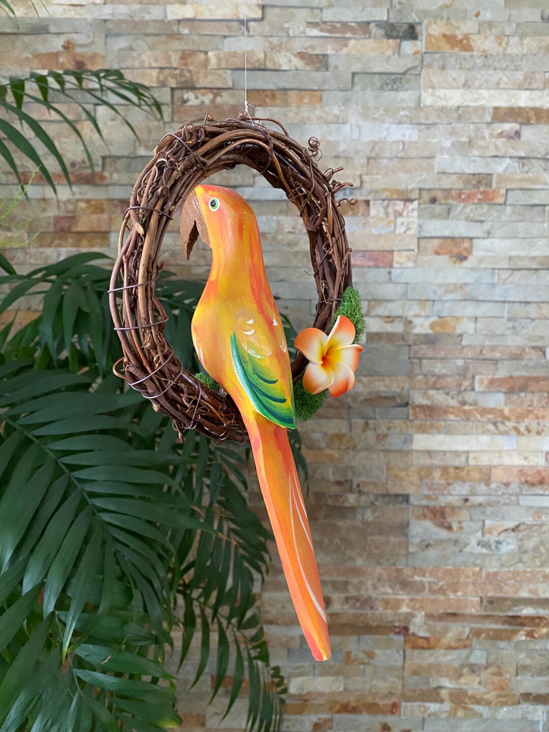 Sun Conure Parakeet – Hand-carved Wooden Hanging Bird | Tropical & Tiki ...