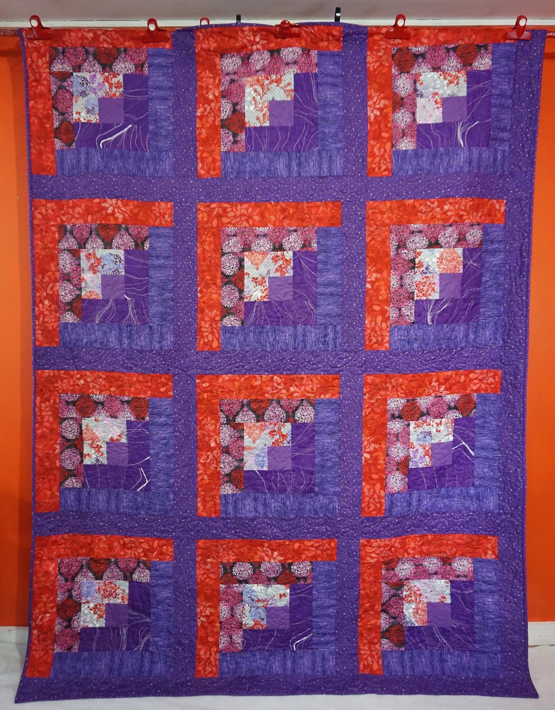 Full / Double Ruby Red and Amethyst Purple Log Cabin Quilt 72" X 96 ...