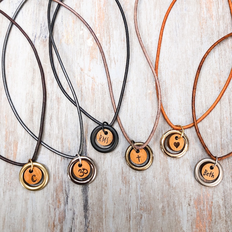 Personalized Pendant Necklace: Leather Cord & Engraved Charm Custom ...