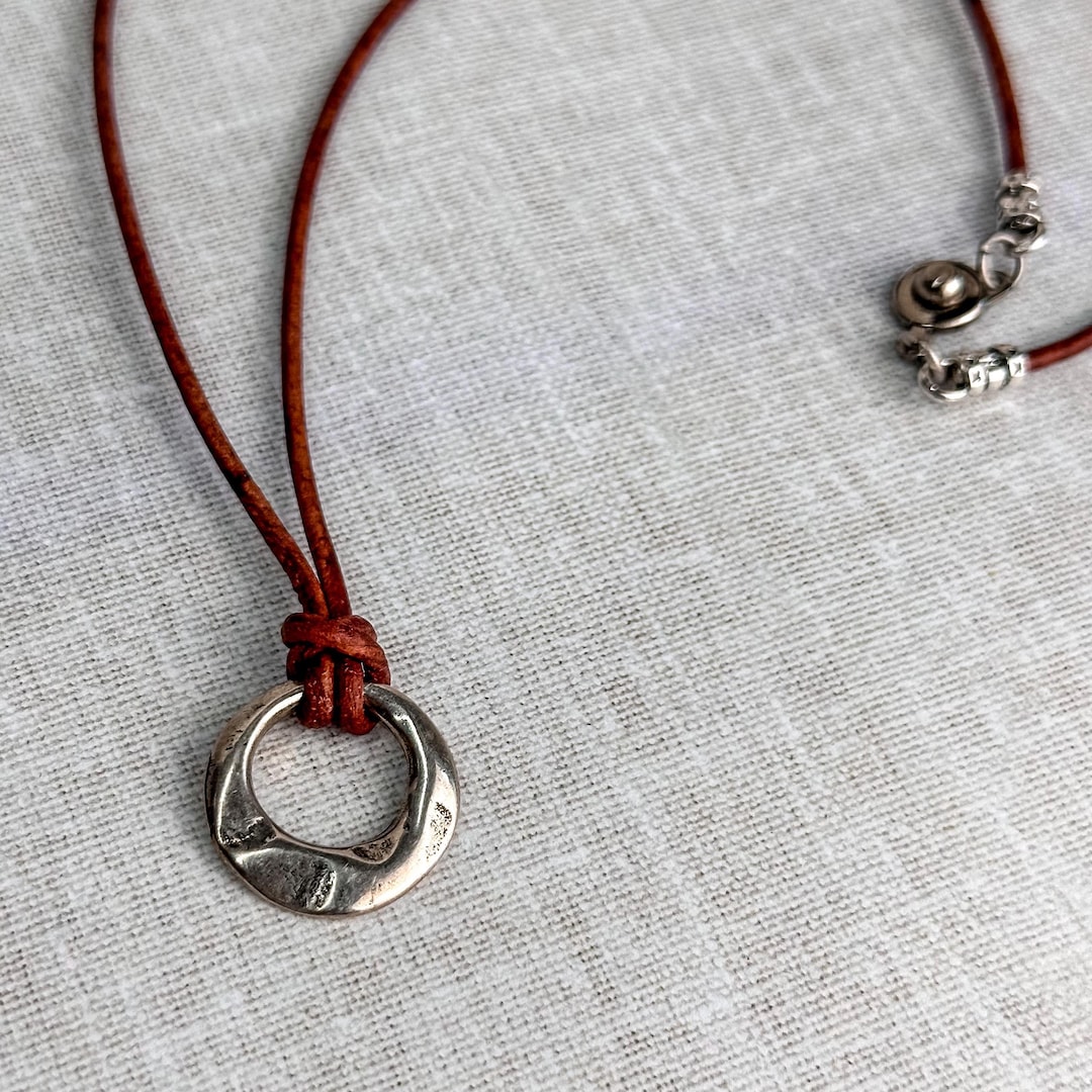 Leather Cord Pendant Necklace: Modern Hammered Silver Focal, Custom ...