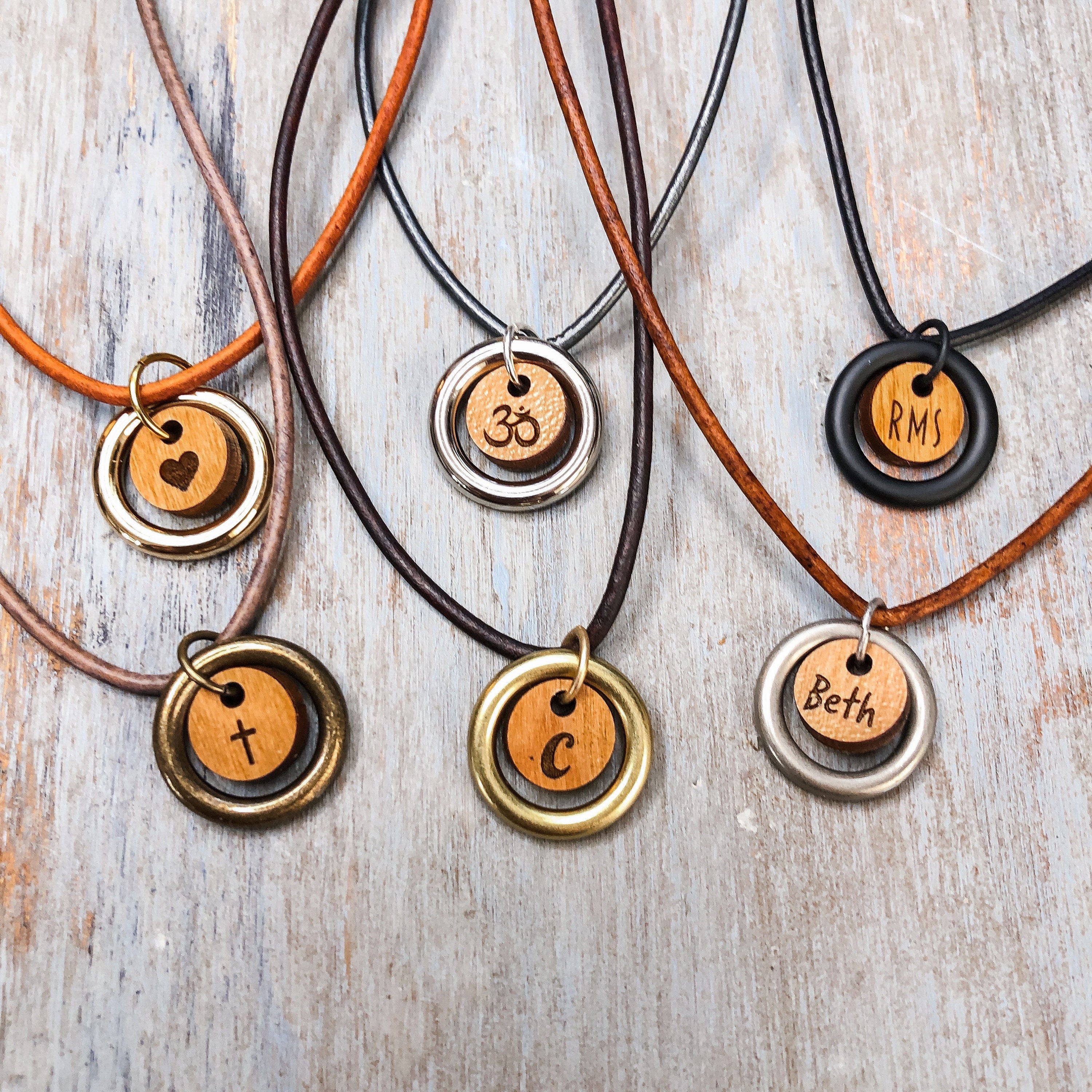 Personalized Pendant Necklace: Leather Cord & Engraved Charm Custom ...