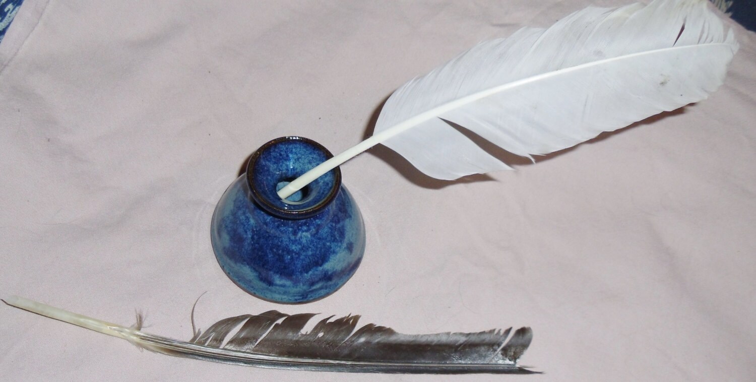 Handmade Pottery Inkwell With 2 Handcut Feather Quills Dip - Etsy