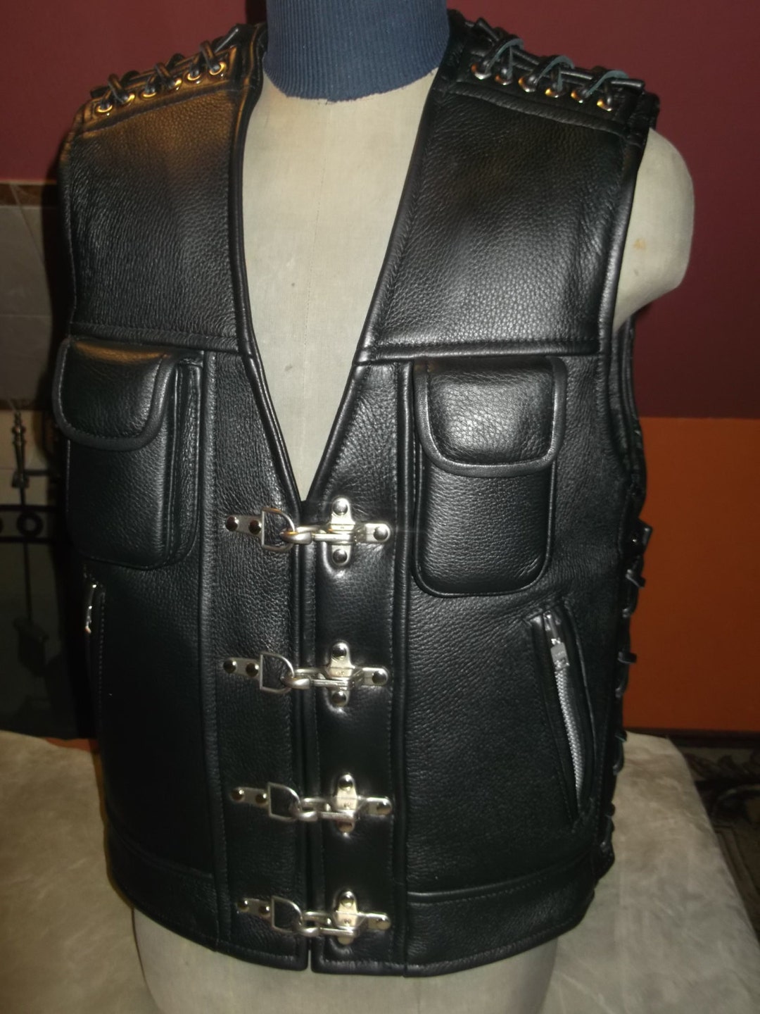 Patch Vest.biker Vest. Genuine Leather 1,8mm-1,9mm, Black.handmade. - Etsy