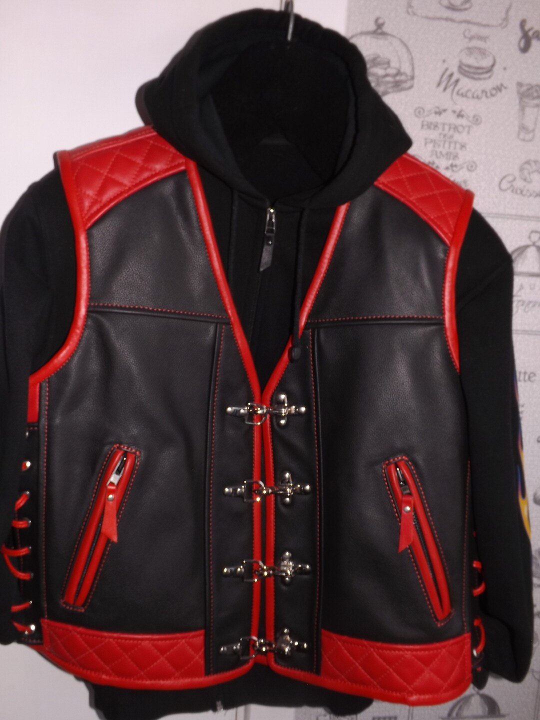 Biker Vest. Patch Vest.leather: Black and Red-1.7-1.8mm Thick. Handmade ...