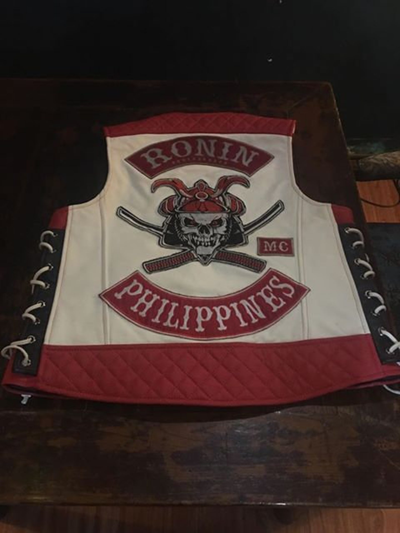 Biker Vest. Genuine Leather17-18mm black Red White.patch | Etsy