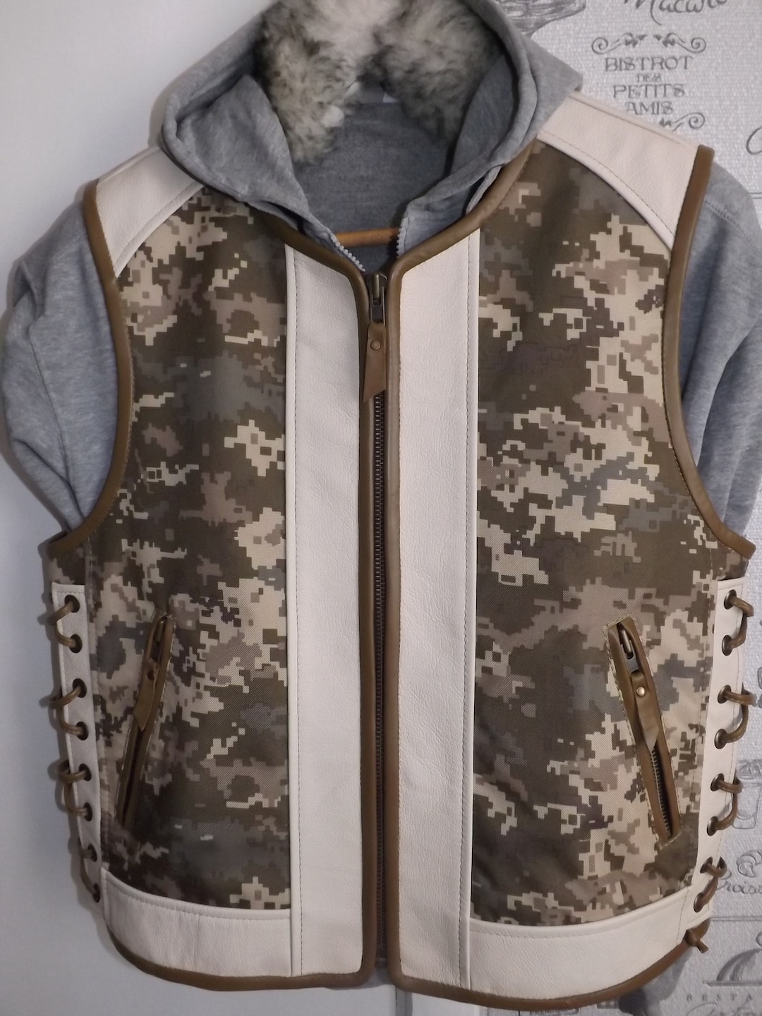 Biker Vest. Camouflage Textile, Genuine Leather: Light Cream Color ...