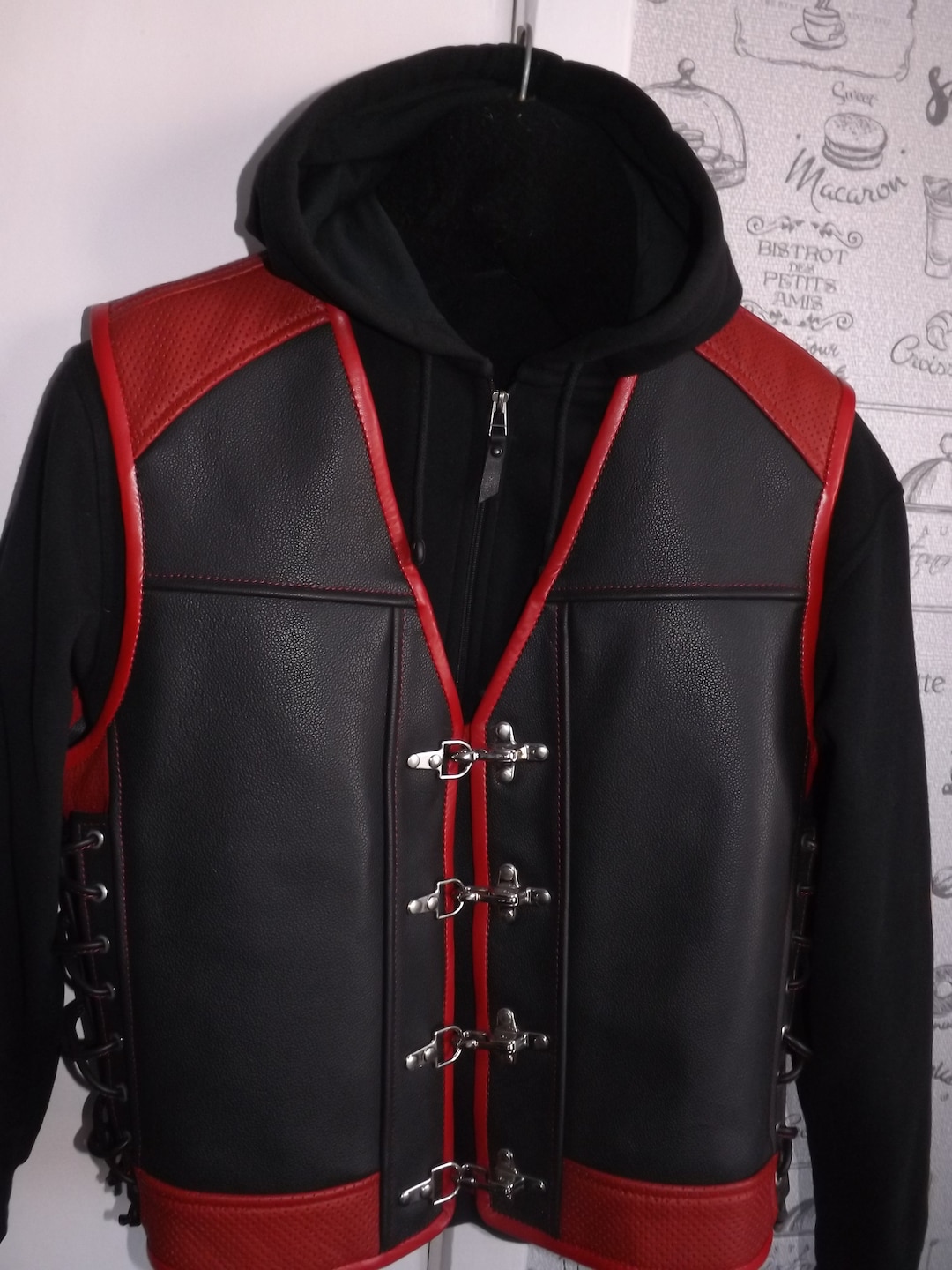 Biker Vest.patch Vest.genuine Leather-1.8mm-black and Dark Red Leather ...