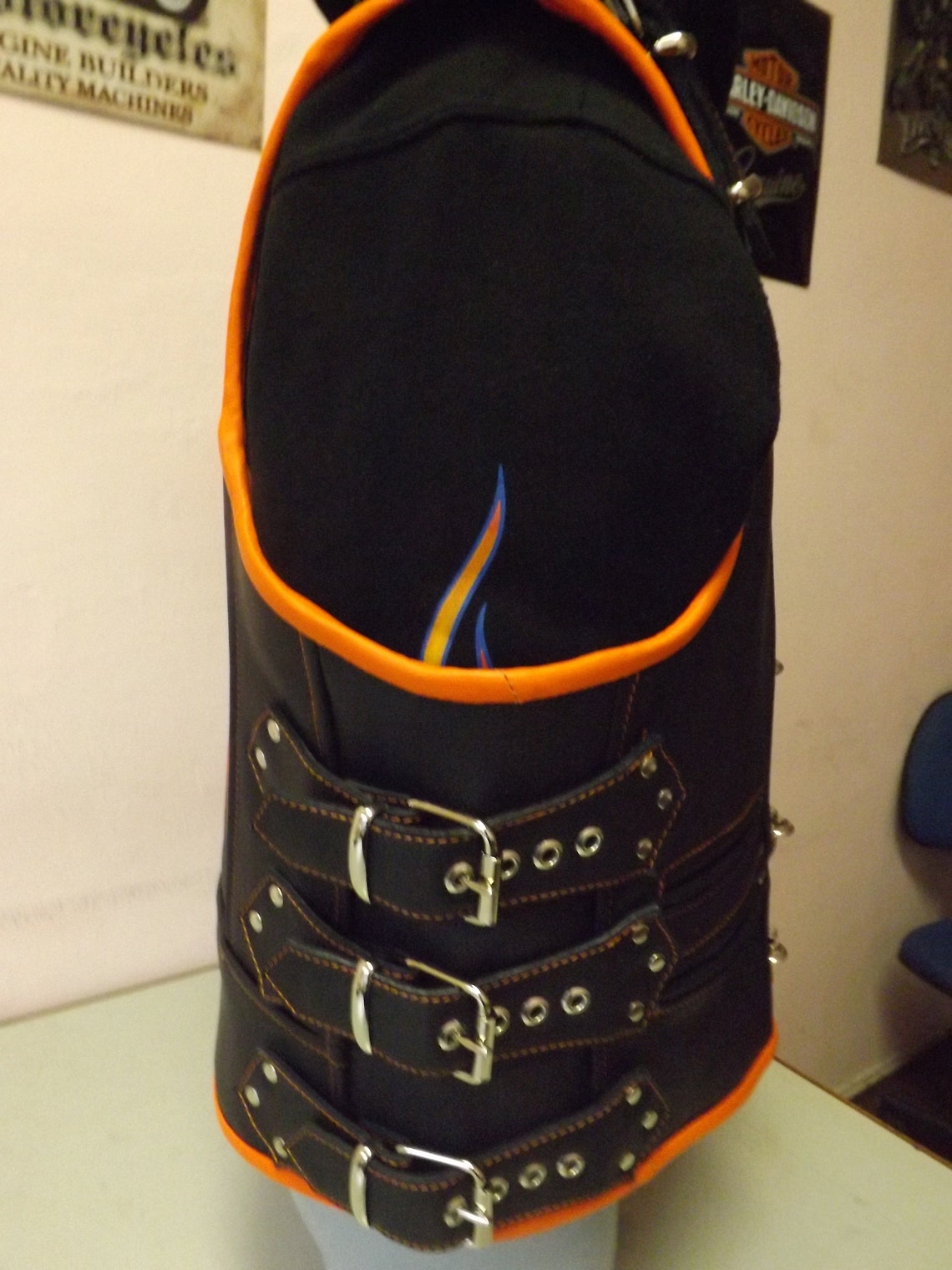 Biker Vest. Patch Vest. Genuine Leather: 1.8mm. Black Vest With Orange ...
