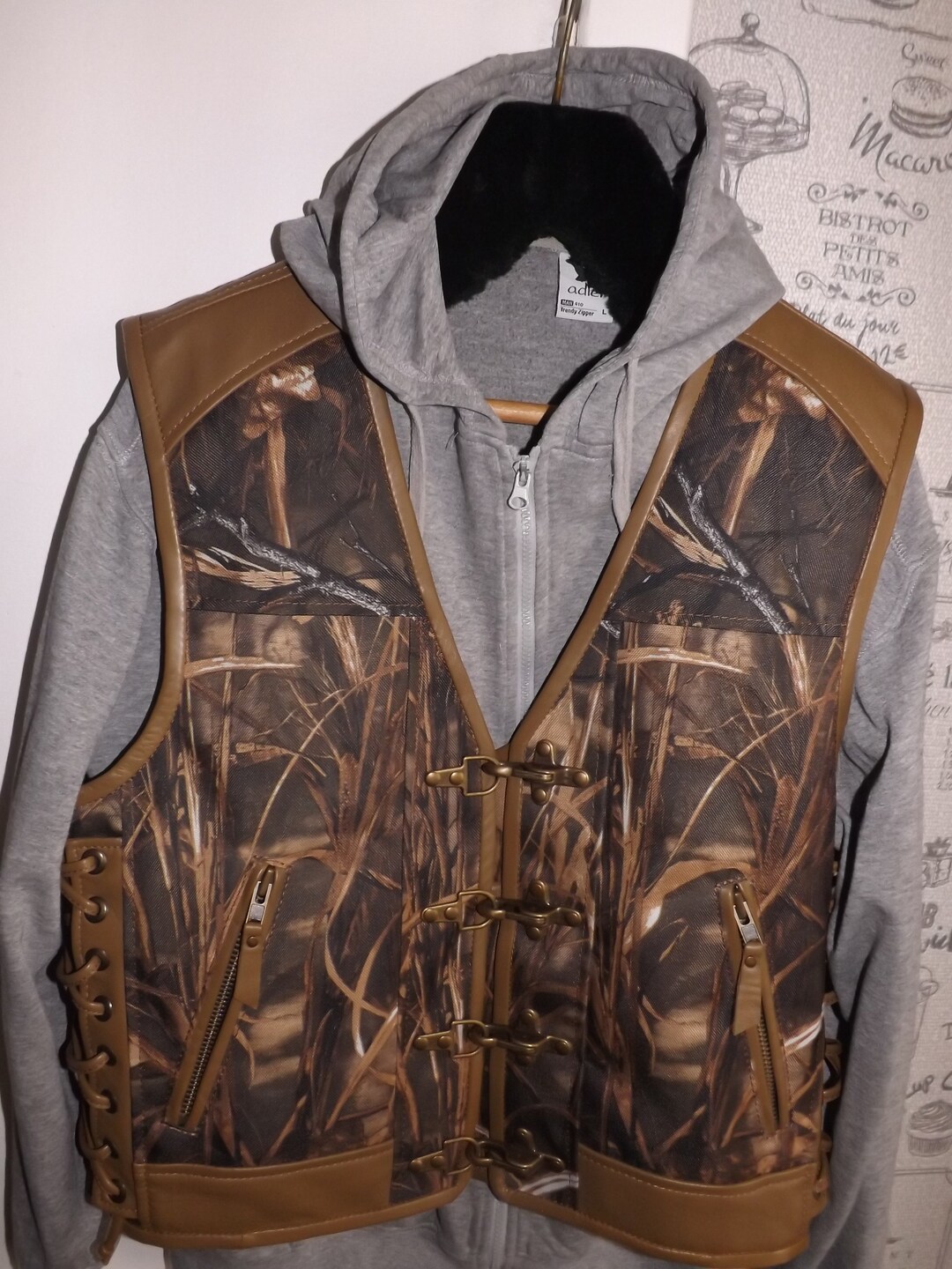 Biker Vest. Camouflage Textile+genuine Leather: Khaki-brown Leather ...