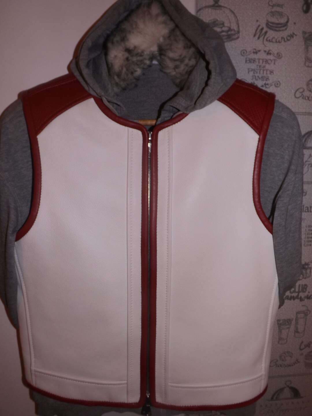 Biker Vest, Patch Vest. Genuine Leather-1.6-1.7mm-white+ Dark Red ...