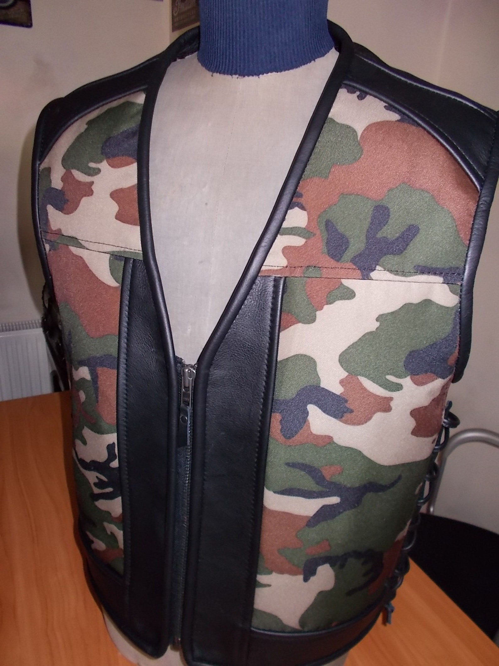 Biker Vest. Camouflage Textile Genuine Leather-black. | Etsy