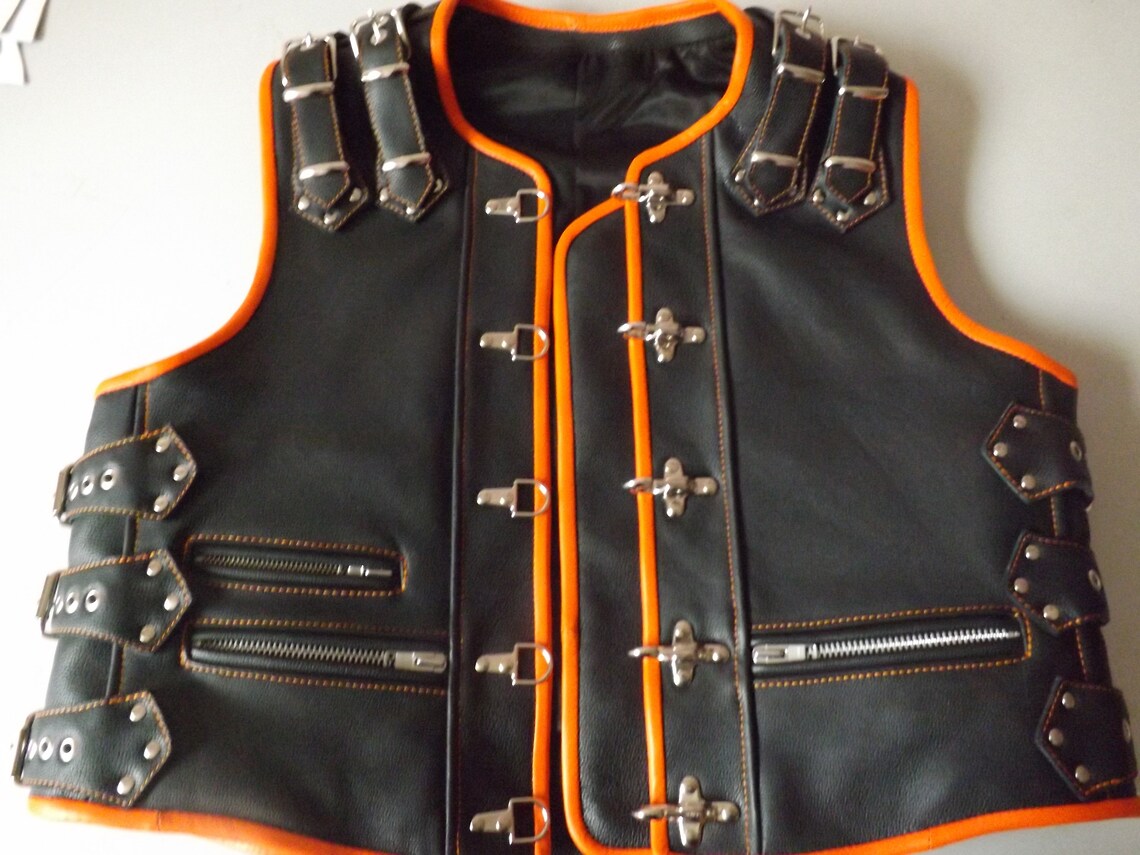 Biker Vest. Patch Vest. Genuine Leather: 1.8mm. Black Vest With Orange ...