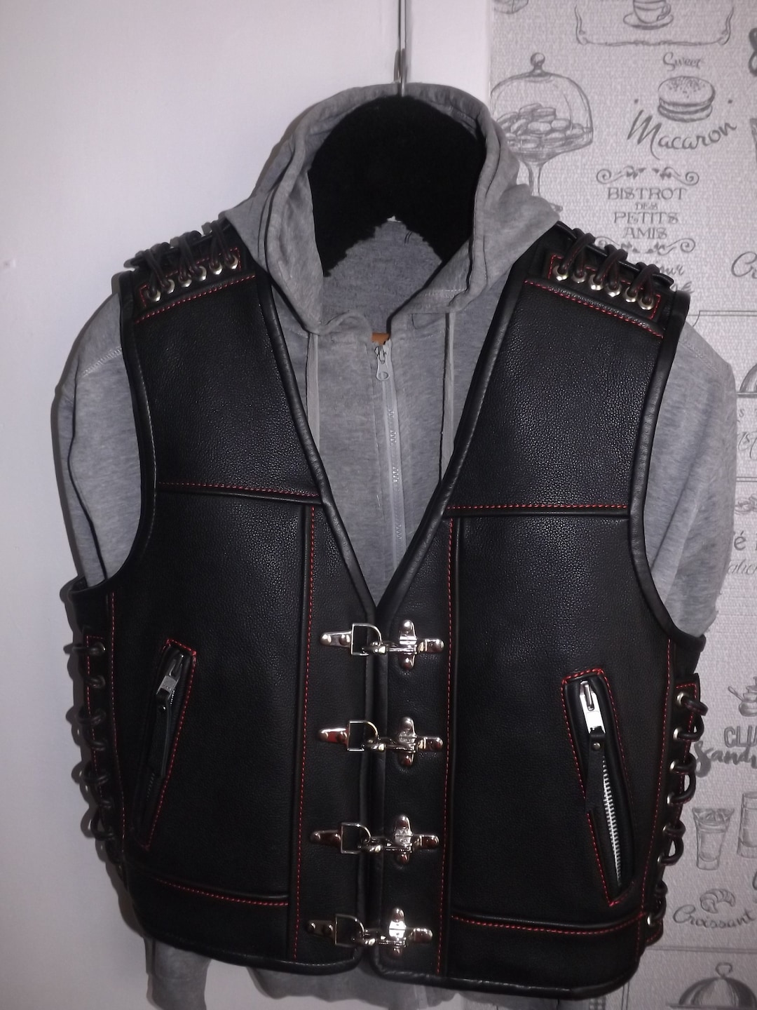 Biker Vest. Patch Vest.leather: Black -1.7-1.8mm. the Seams Are Sewn ...