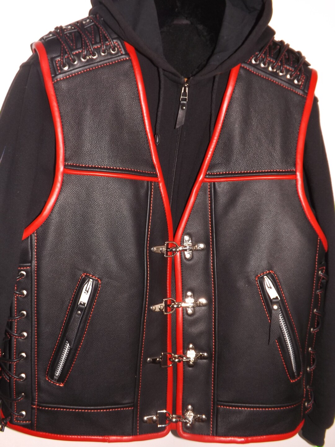 Biker Vest. Patch Vest.leather: Black -1.7-1.8mm.red Leather Finish ...