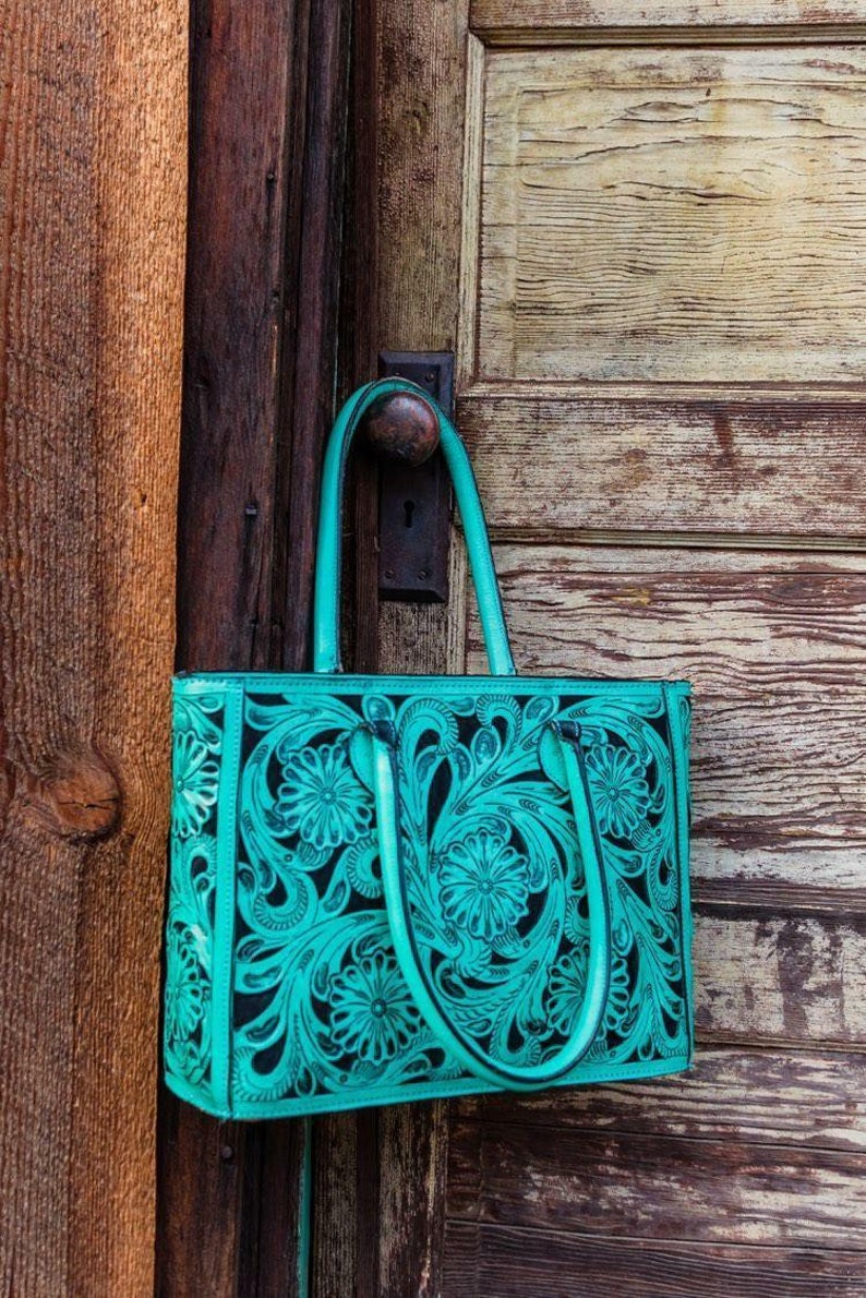Handmade Turquoise Floral Tote, 100% Leather Bag, Everyday Handbag ...