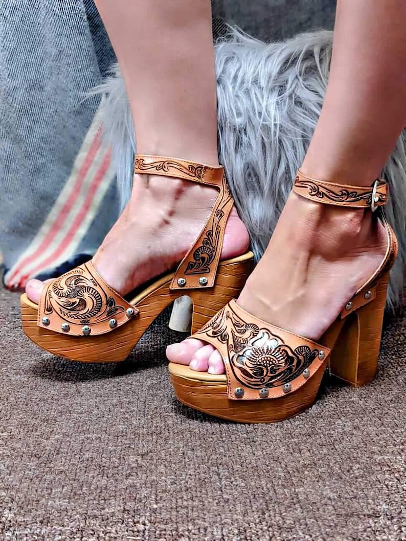 Tooled Leather High Heels. Launching SALE Handcrafted. Any - Etsy