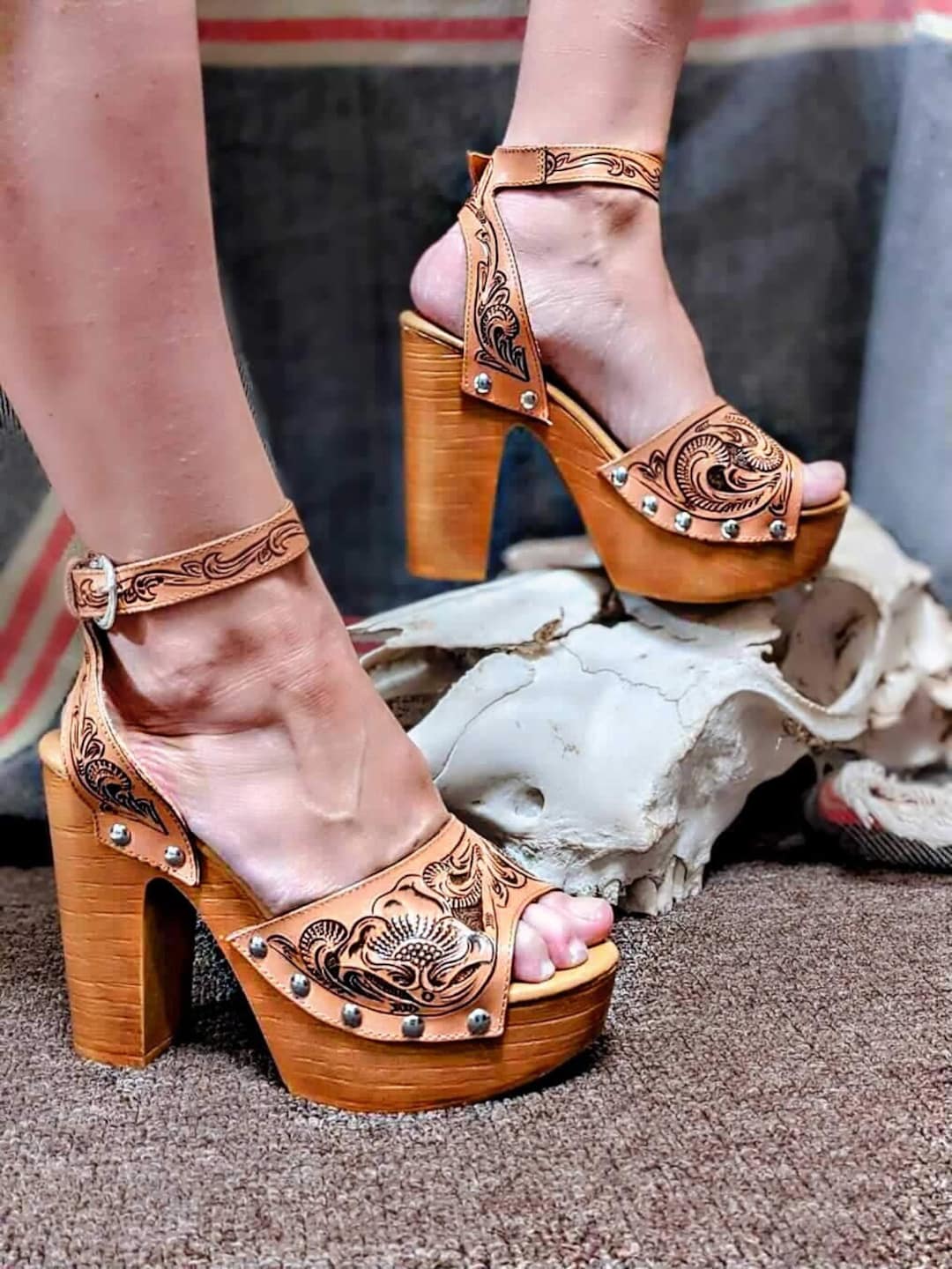 Tooled Leather High Heels. Launching SALE! Handcrafted. Any Color ...