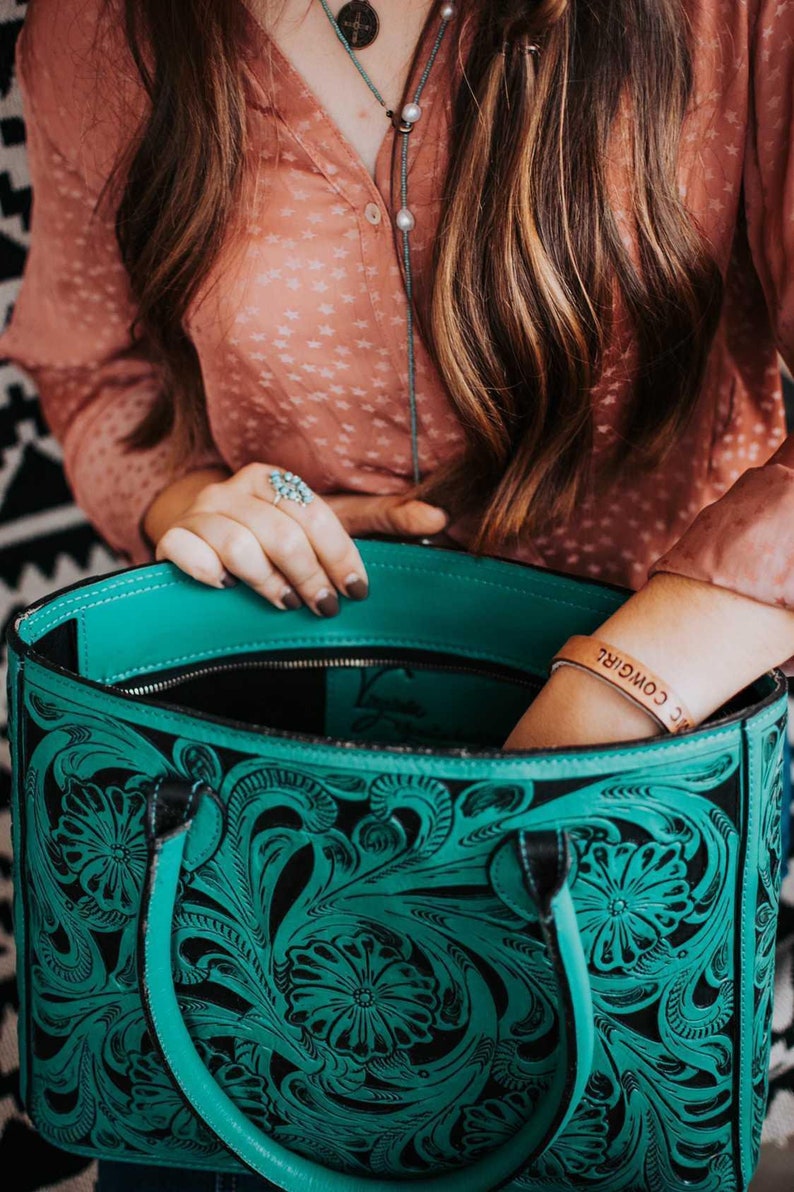 Handmade Turquoise Floral Tote, 100% Leather Bag, Everyday Handbag ...
