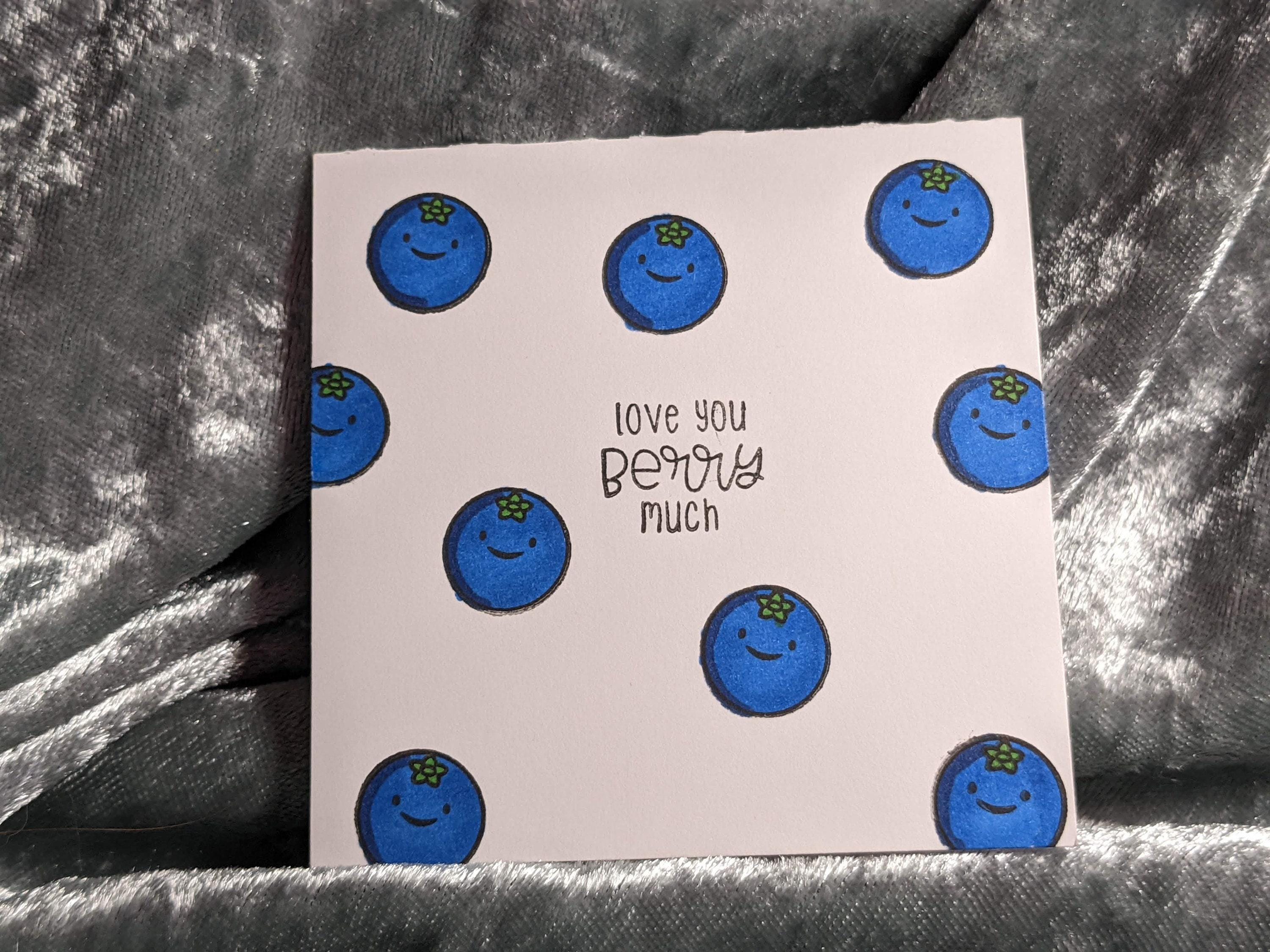 Blueberry Pun Card: 'love You Berry Much' Hand Stamped Notecard - Etsy