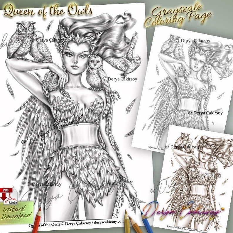 Queen of the Owls ''grayscale Premium Coloring Page - Etsy Queen of the Owls ''grayscale Premium Coloring Page - Etsy