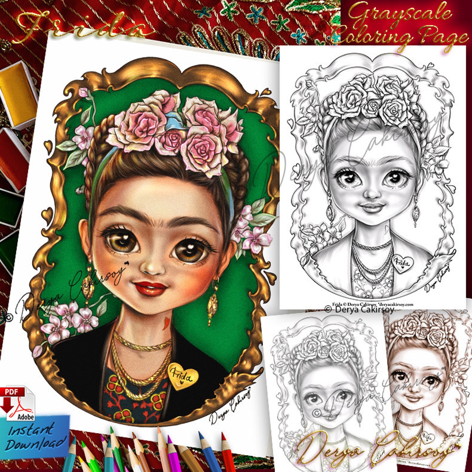 Frida Grayscale Coloring Page for All Big Eyed Adorable Frida | Etsy