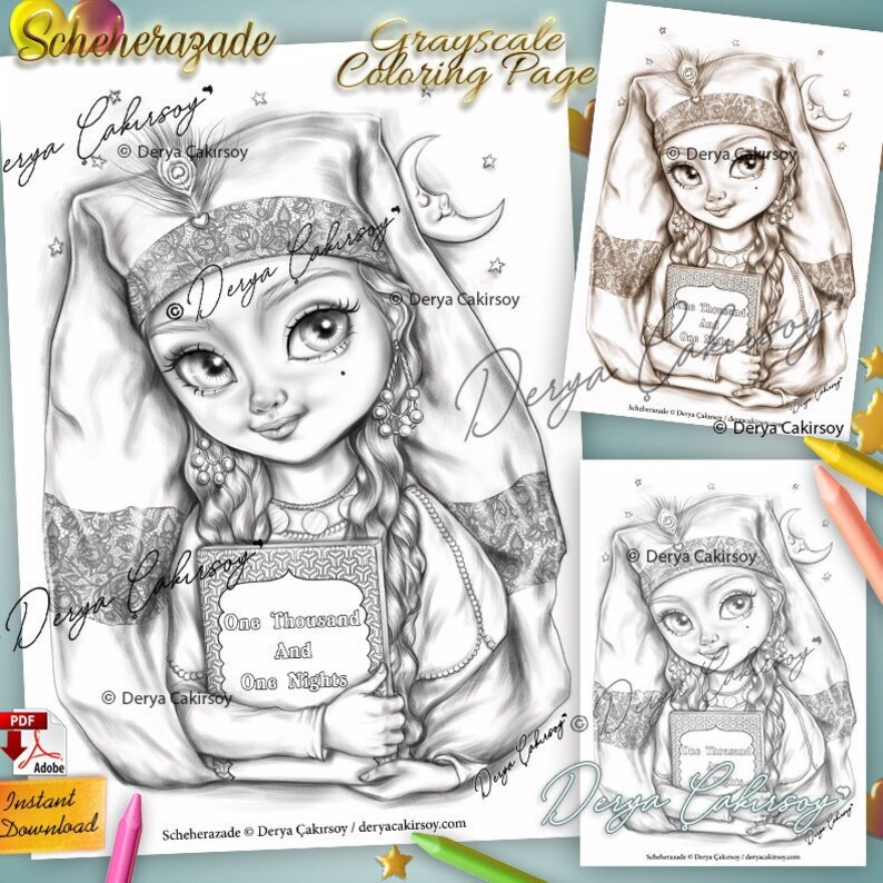 Scheherazade Premium Grayscale Coloring Page. Historical Female ...