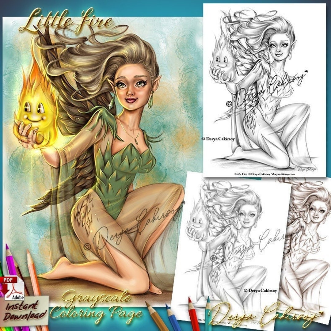 Little Fire Grayscale Coloring Page Elf Fairy Angel Girl With - Etsy