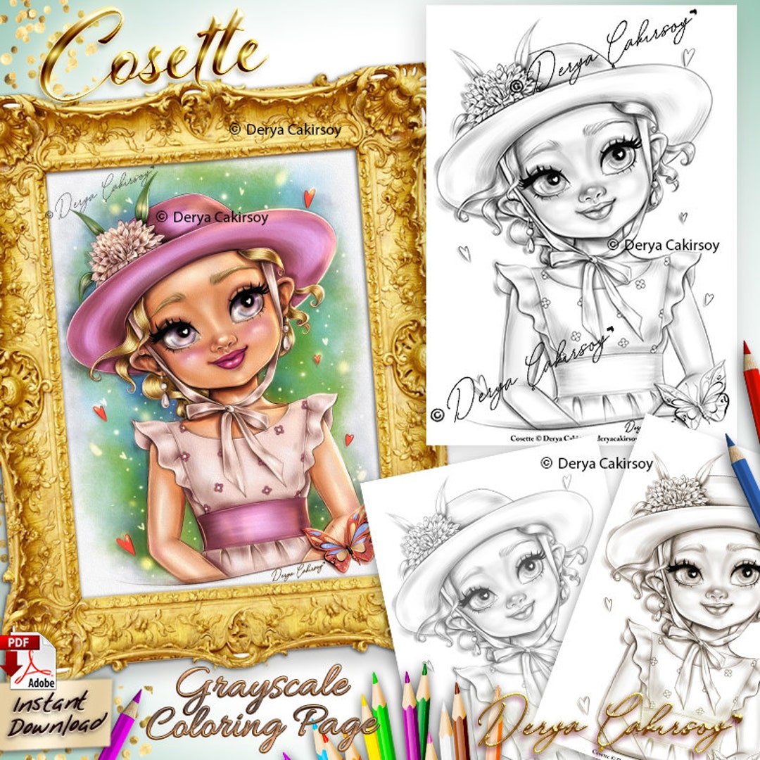 Cosette Grayscale Coloring Page ORIGINAL HAND DRAWN Art Cute Pretty Big ...