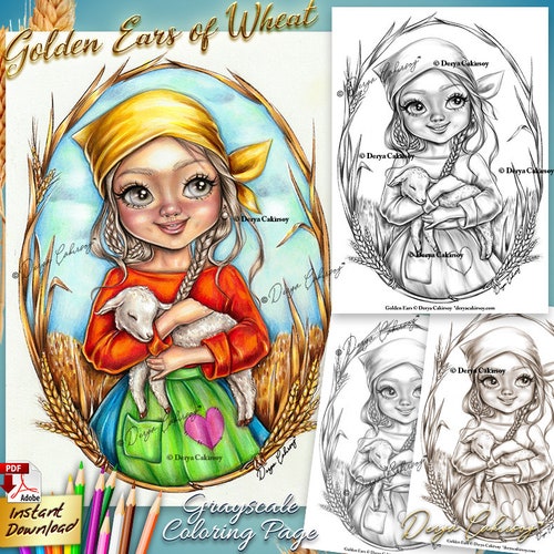 Golden Ears of Wheat Grayscale Coloring Page Happy Cute Farmer - Etsy