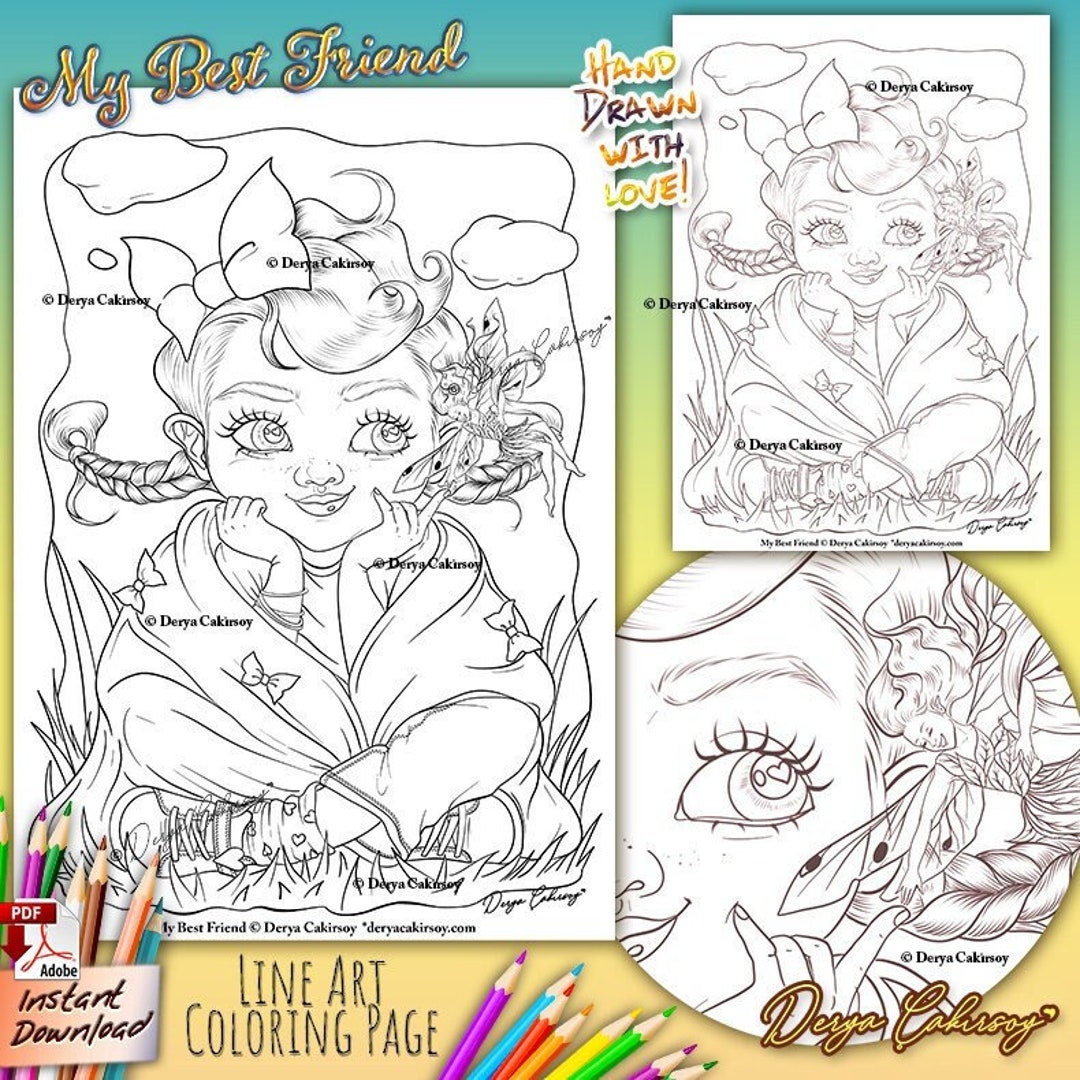 My Best Friend Line Art Coloring Page ORIGINAL HAND DRAWN Cute - Etsy