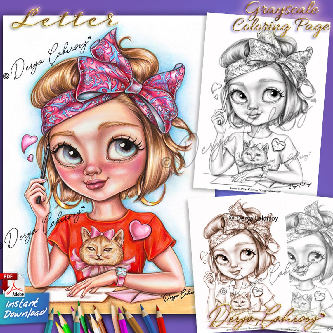 Letter Grayscale Coloring Page for All Ages Big Eyed Adorable Girl ...