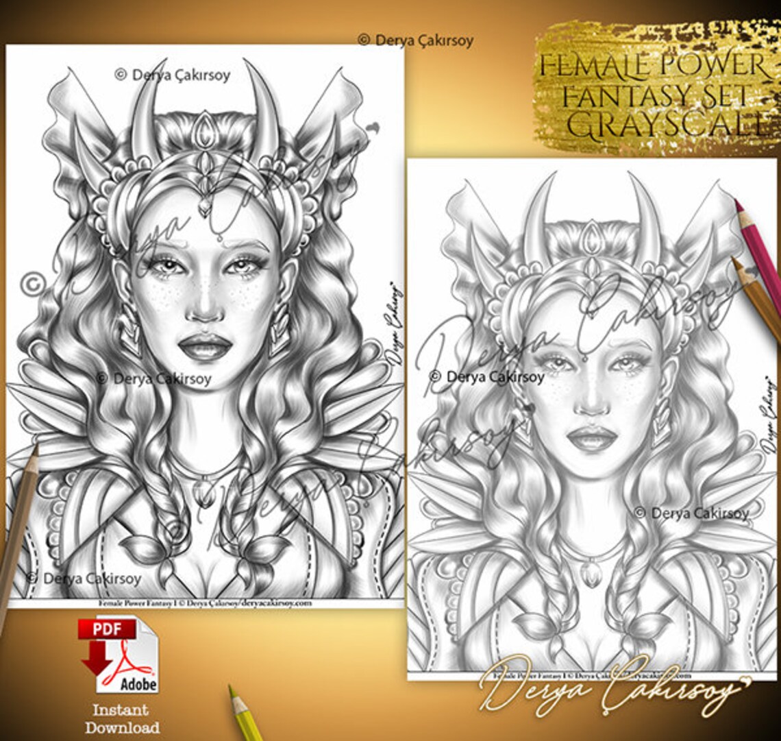 Female Power Fantasy Set Coloring Pages Grayscale Fantasy Portrait ...