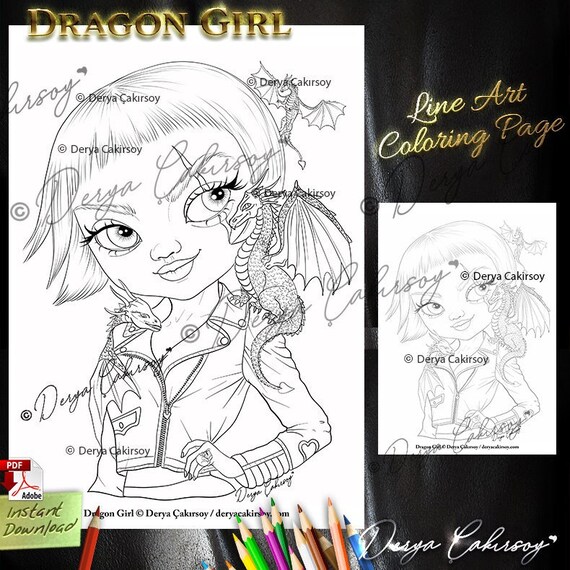 Dragon Girl '' Line Art Premium Coloring Page. Fantasy | Etsy