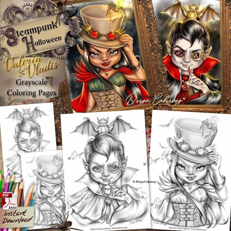 STEAMPUNK HALLOWEEN 2022 Grayscale Coloring Pages Valeria & Vladis ...
