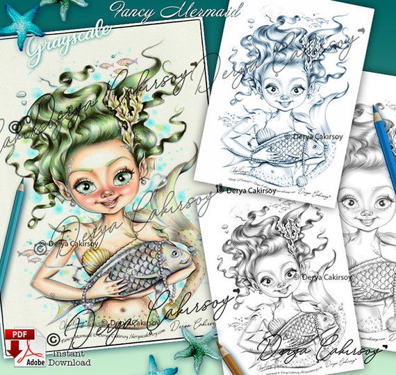 Fancy Mermaid Premium Coloring Page Grayscale Illustration for | Etsy