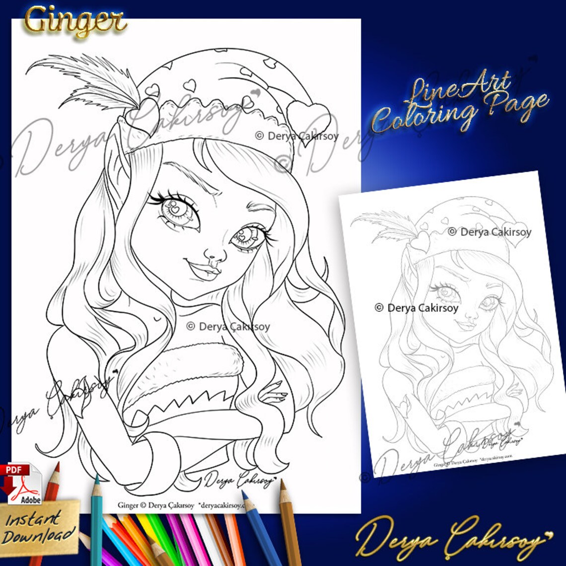 Ginger Lineart Coloring Page for All Cute Elf Girl Holiday - Etsy