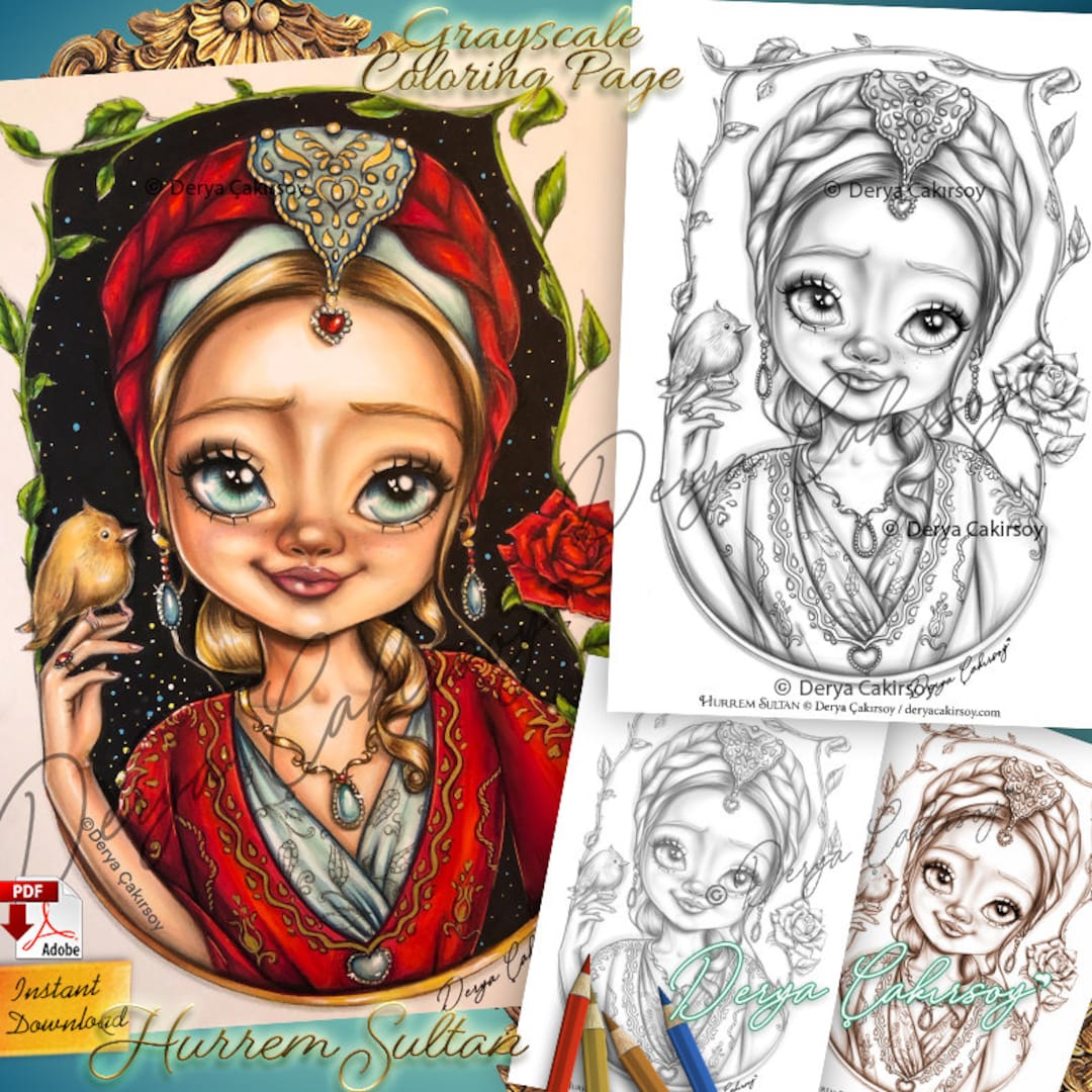 Hurrem Sultan Premium Coloring Page. Grayscale Super Cute Big Eyed ...